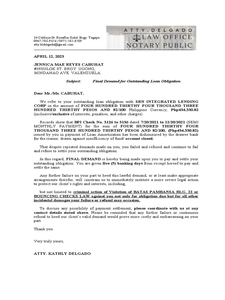 Final Demand Letter - SRN CABUHAT | PDF | Law