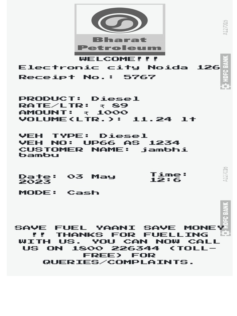 Diesel Fuel Receipt Noida May 2023 | PDF