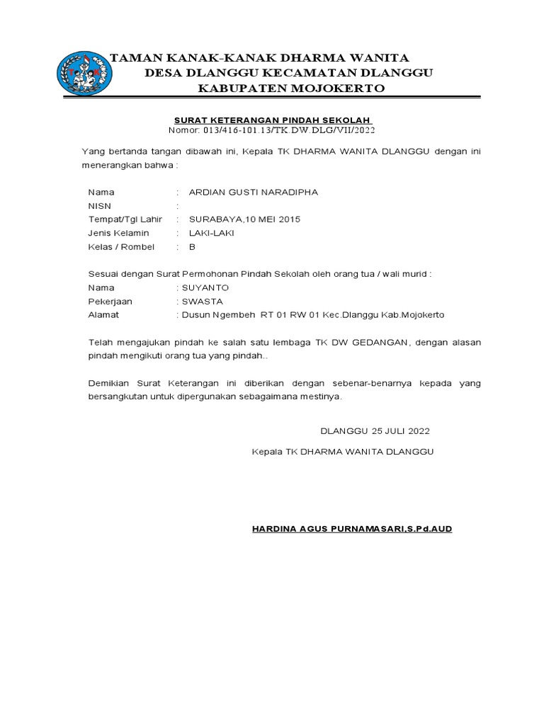 Surat Keterangan Pindah Sekolah | PDF