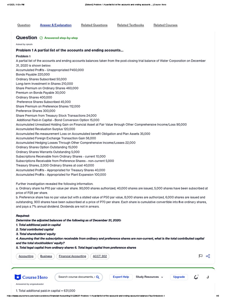 Solved Problem 1 A Partial List of The Accounts and Ending Accounts... - Course Hero | PDF ...