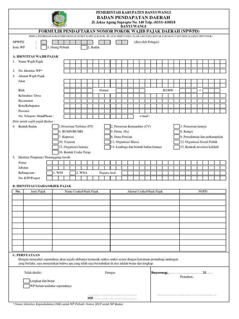 Form Pendaftaran NPWPD | PDF