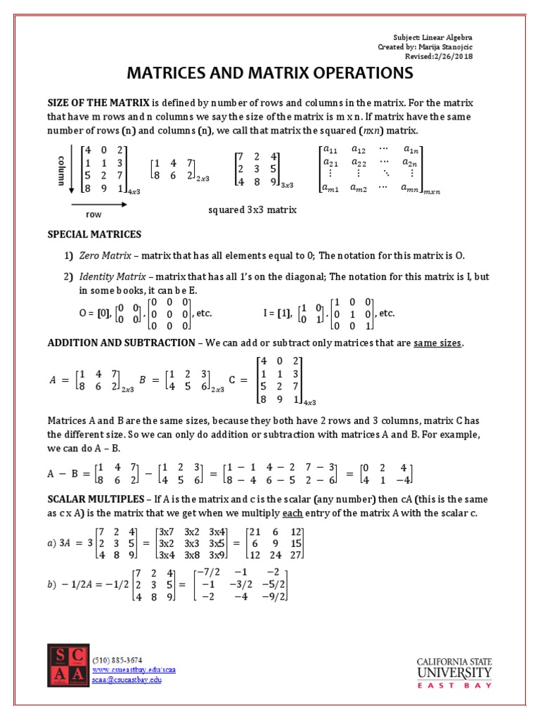 Marija Matrices and Matrix Operation | PDF | Matrix (Mathematics) | Operator Theory