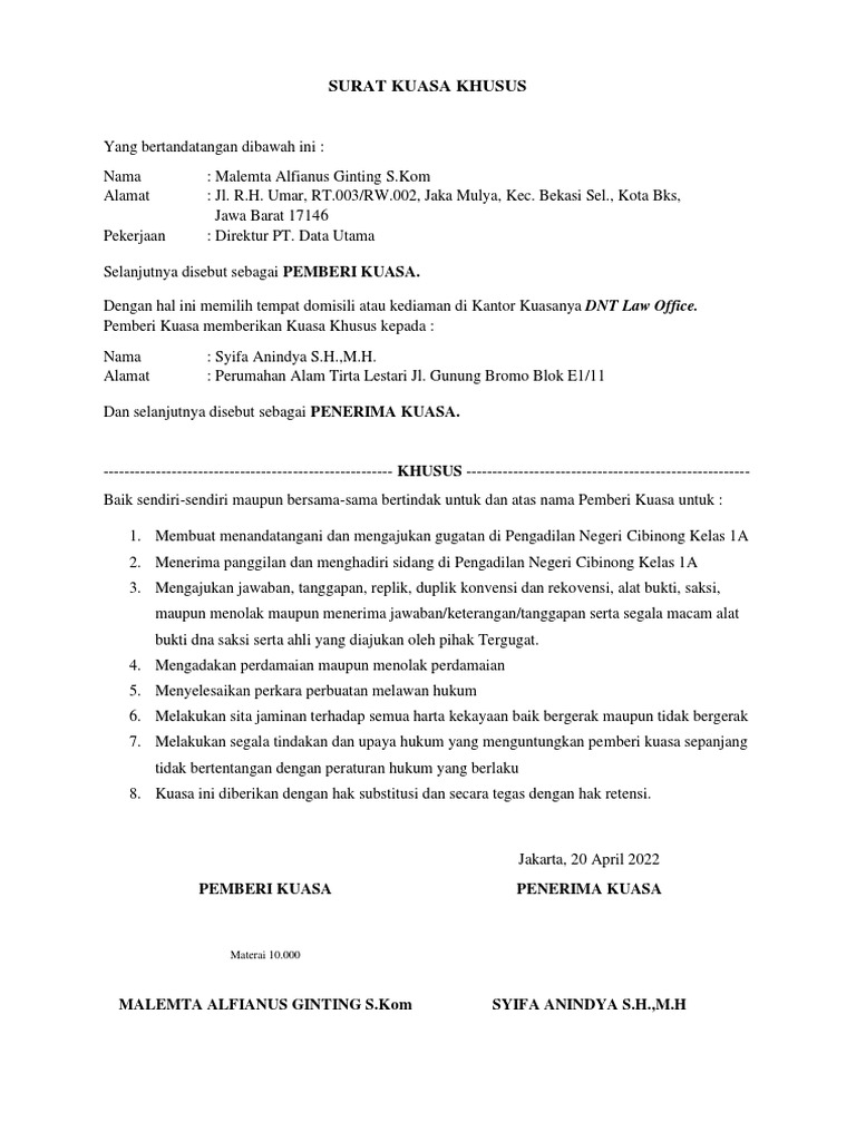 Tugas - Syifa Anindya - Surat Kuasa Khusus | PDF