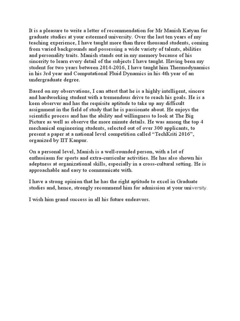 It Is A Pleasure To Write A Letter of Recommendation For MR Manish ...