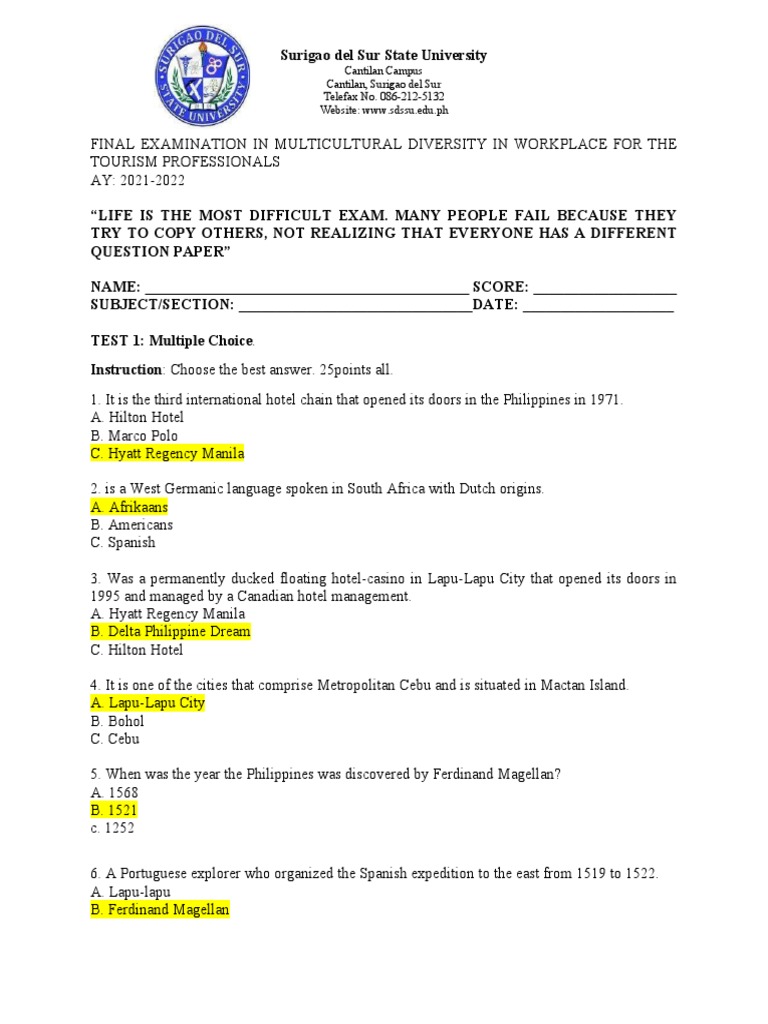 Final Examination in Multicultural Diversity in Workplace For The ...