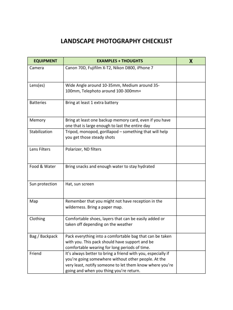 landscape photography checklist | PDF | Tripod (Photography) | Imaging