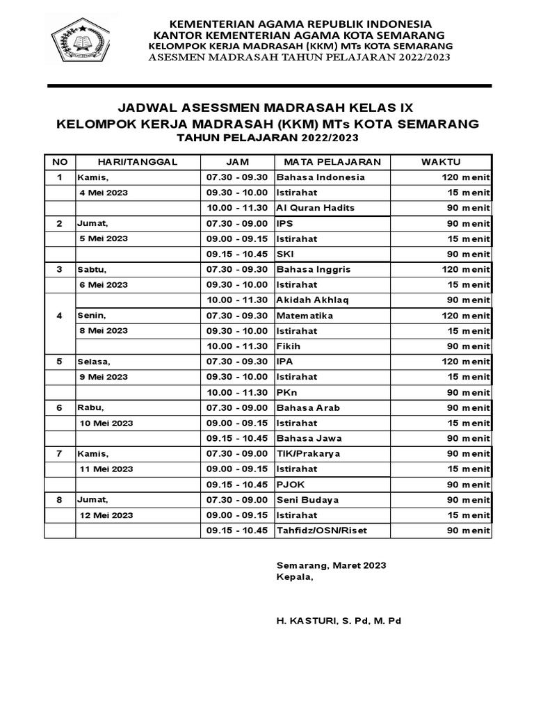 Jadwal Asessmen Madrasah KKM 2022-2023 | PDF
