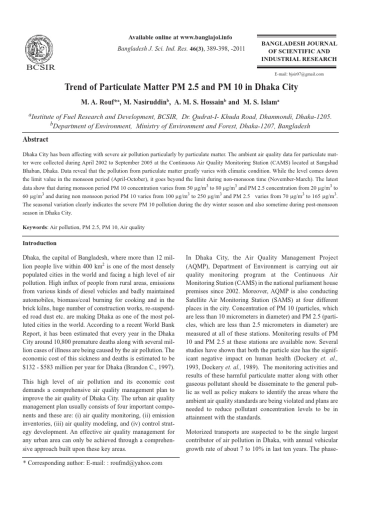 Trend of Particulate Matter PM 2.5 and PM 10 in Dhaka City: Bcsir | Download Free PDF ...