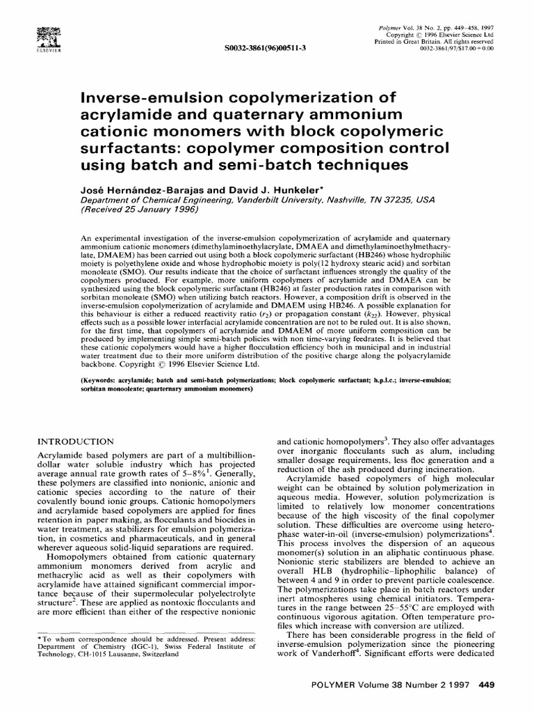 Inverse-Emulsion Copolymerization of Acrylamide and Quaternary Ammonium Cationic | PDF ...