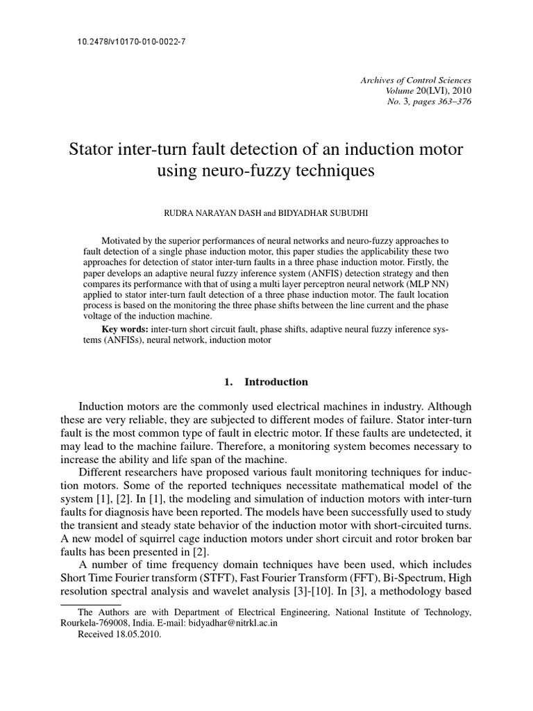 Stator Inter Turn Fault Detection o PDF | PDF | Electric Motor | Systems Theory