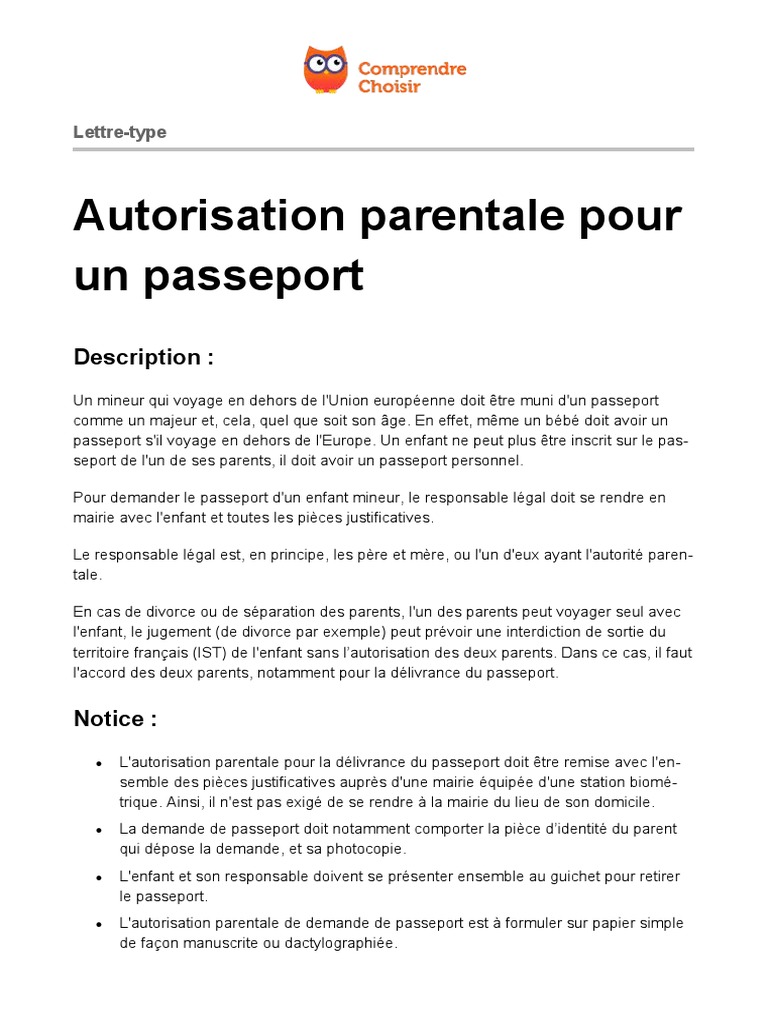 Ooreka Autorisation Parentale Passeport | PDF