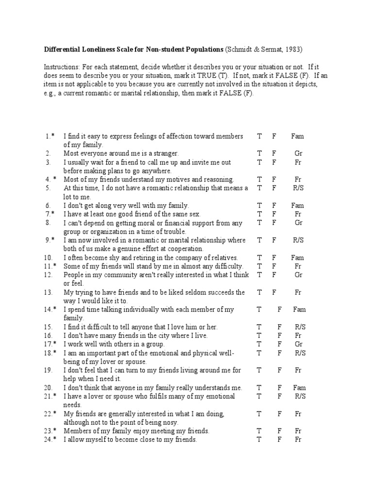 Test 7 Differential Loneliness Scale For Non-Student Populations | PDF ...