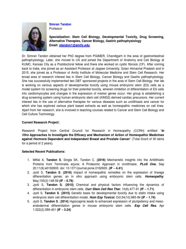 DR Simran Tandon - CV PDF | PDF | Stem Cell | Embryonic Stem Cell