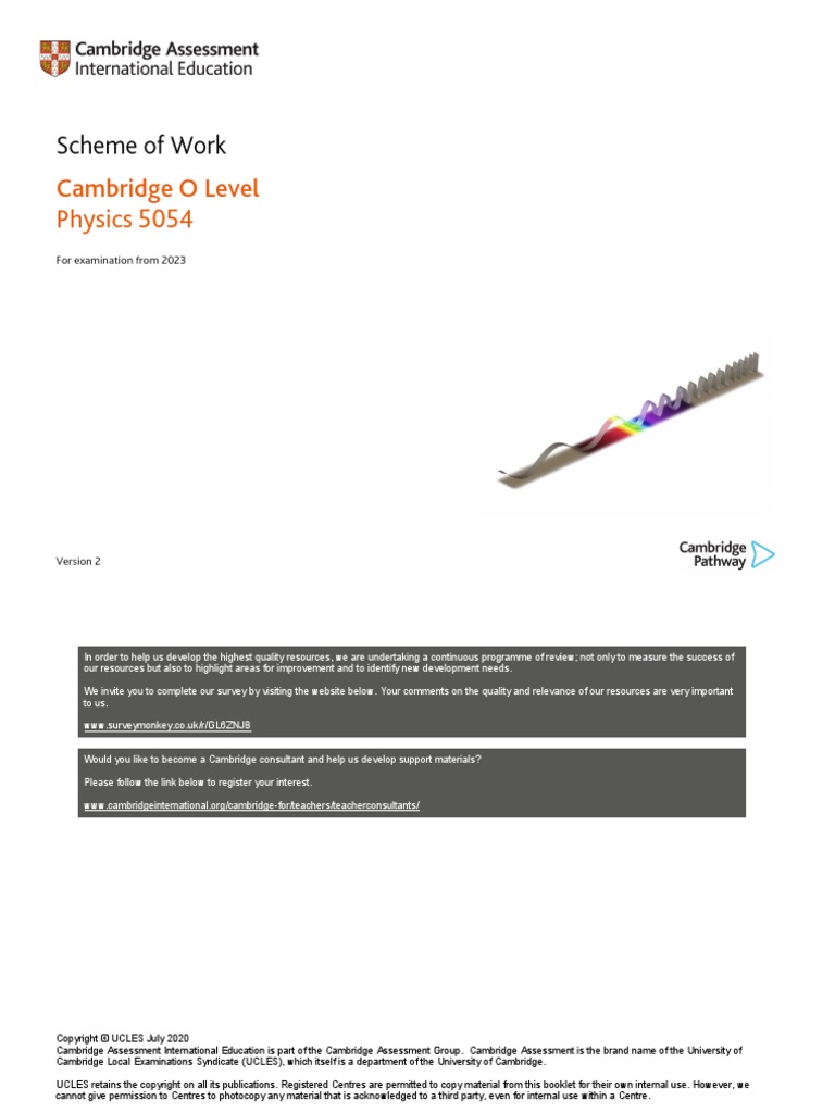 5054 Scheme of Work (For Examination From 2023) PDF | PDF | Force | Mass