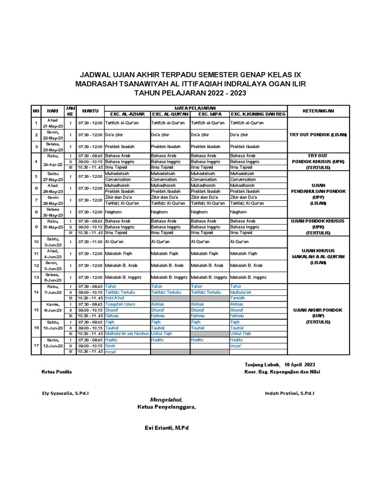 JADWAL PAT IX 2022-2023 Pondok | PDF