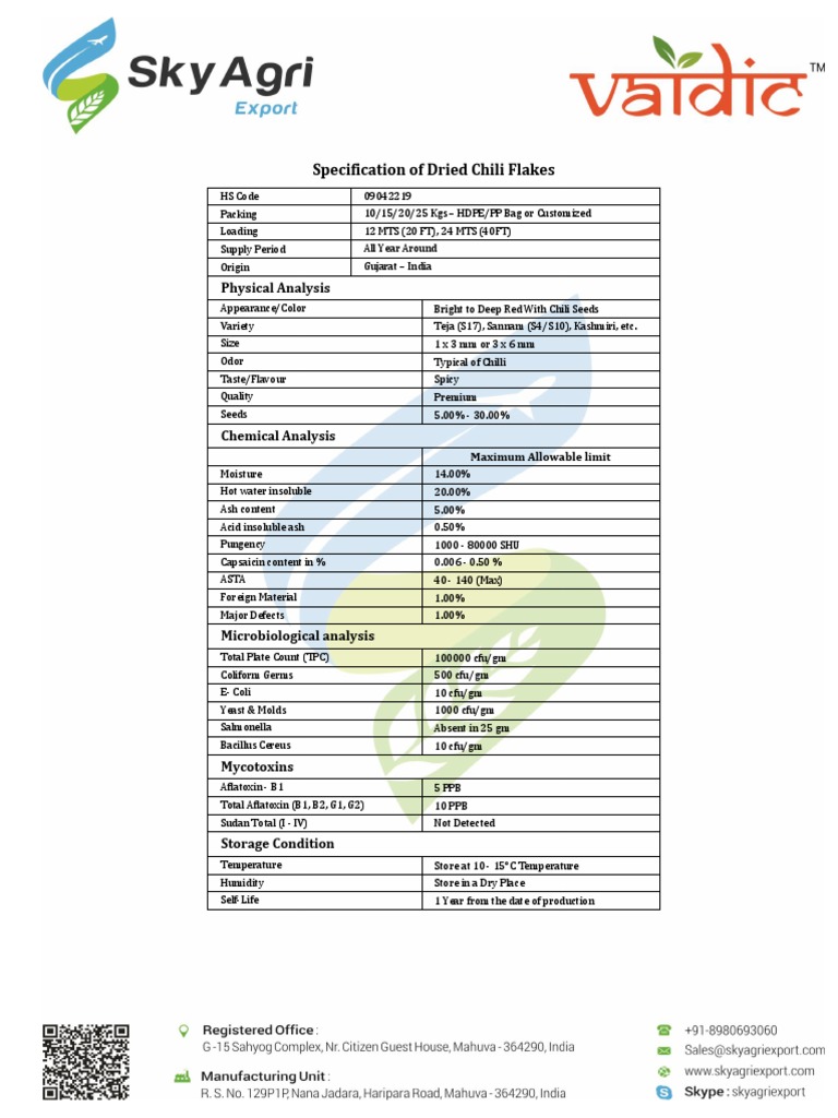 Chili Flakes Pricing and Specifications | PDF