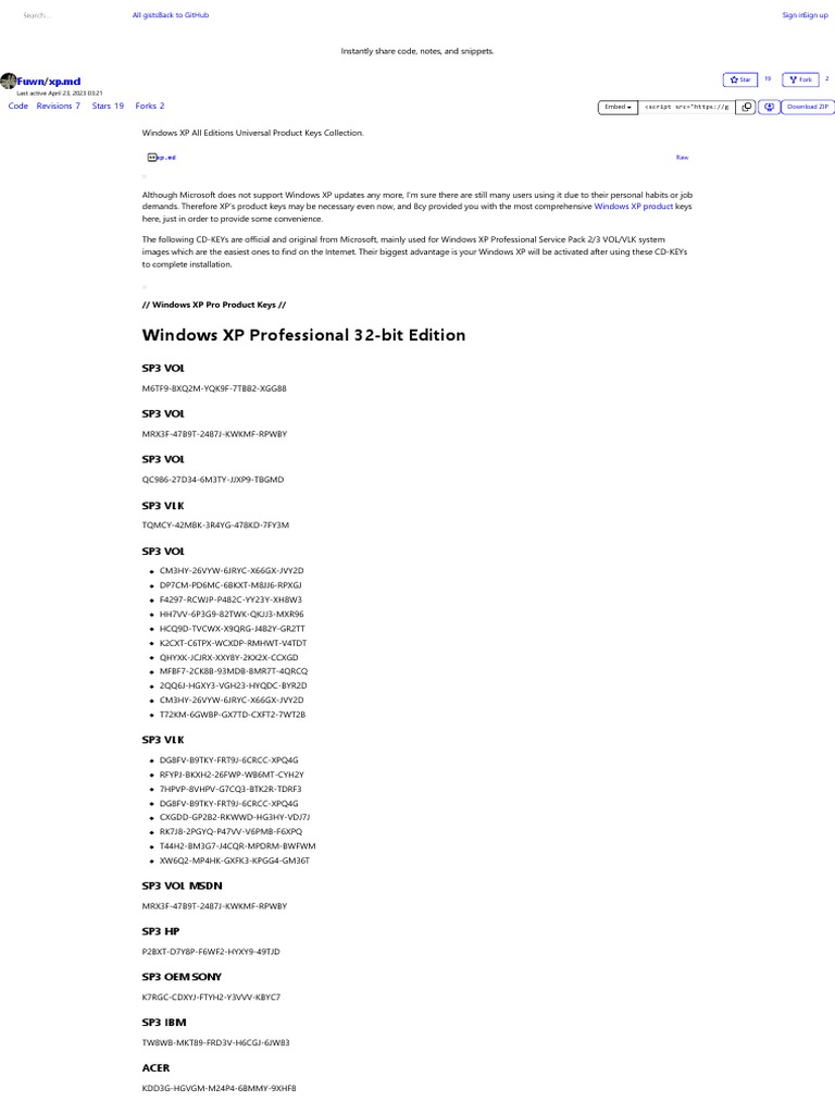 Windows XP All Editions Universal Product Keys Collection. Github | PDF