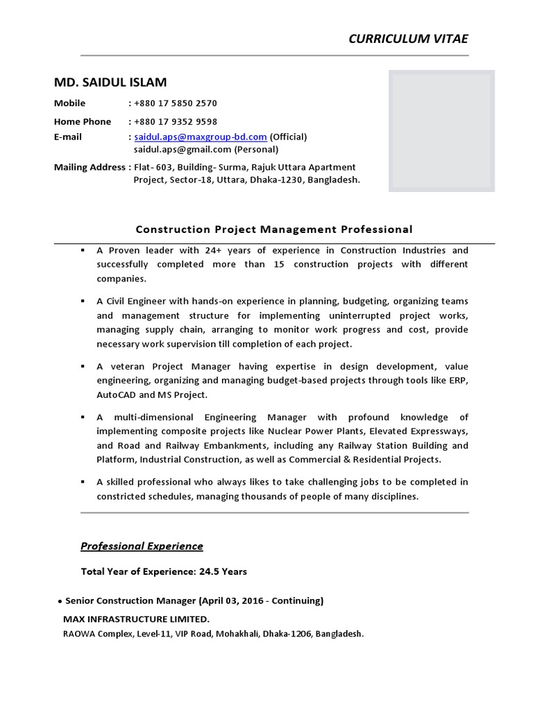 CV of MD. SAIDUL ISLAM - Updated | PDF | Project Management | Engineering