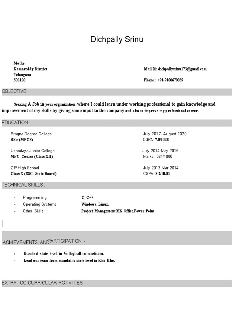 Dichpally Srinu Resume | PDF | Cognition | Cognitive Psychology Dichpally Srinu Resume | PDF | Cognition | Cognitive Psychology