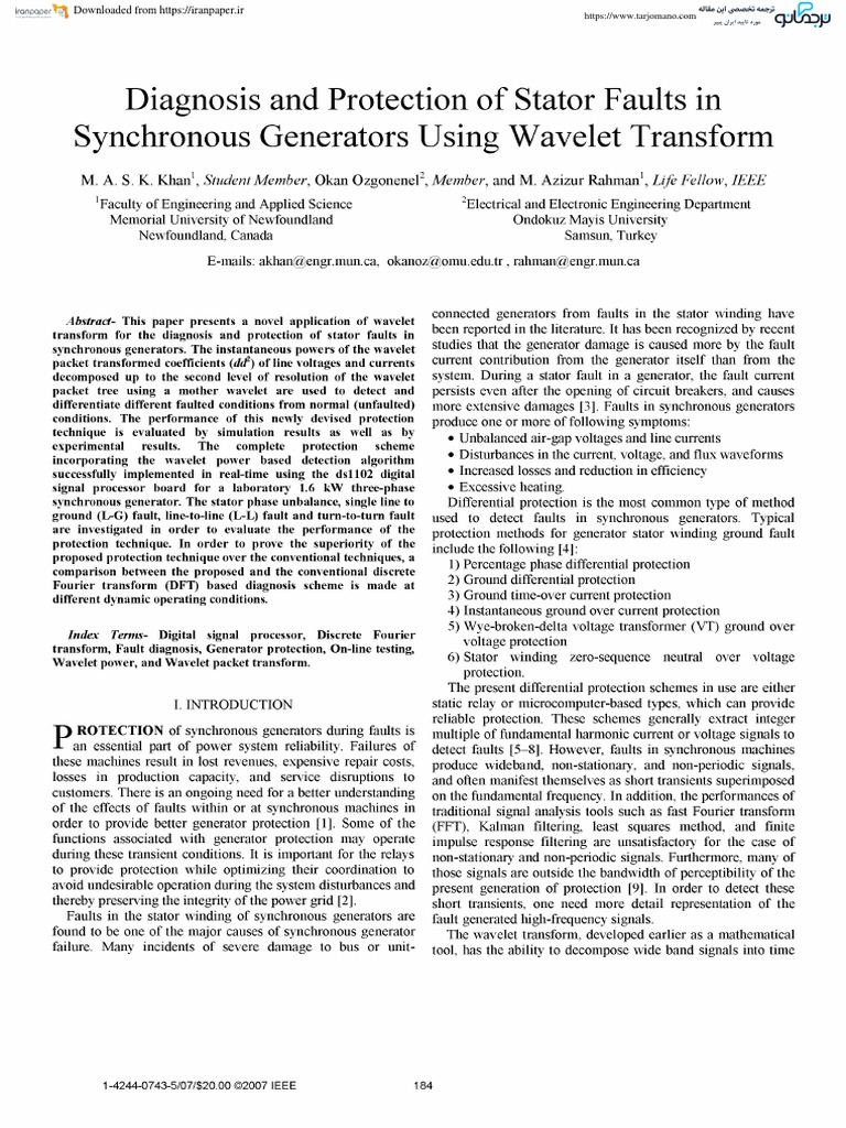 Protection Of Stator Faults Pdf Wavelet Electric Generator