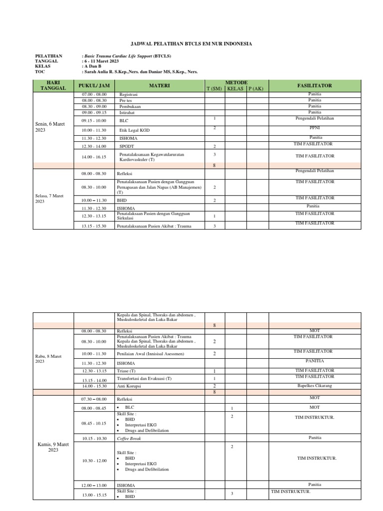 Jadwal Pelatihan BTCLS em Nur Indonesia BTCLS 6-11 Maret 2023 PDF | PDF