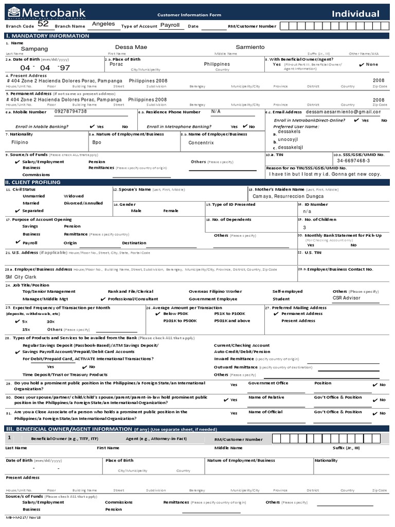 Customer Information Form Individual PDF | PDF | Debit Card | Banks