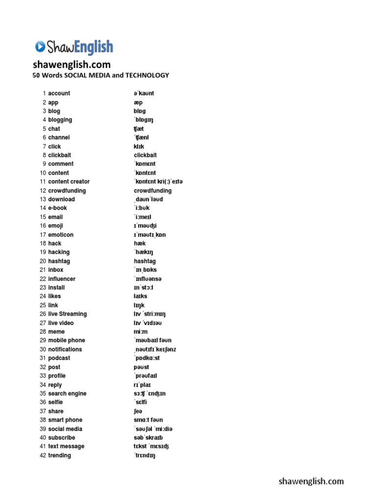 50 Words Vocabulary List Social Media and Technology PDF | PDF | Games ...