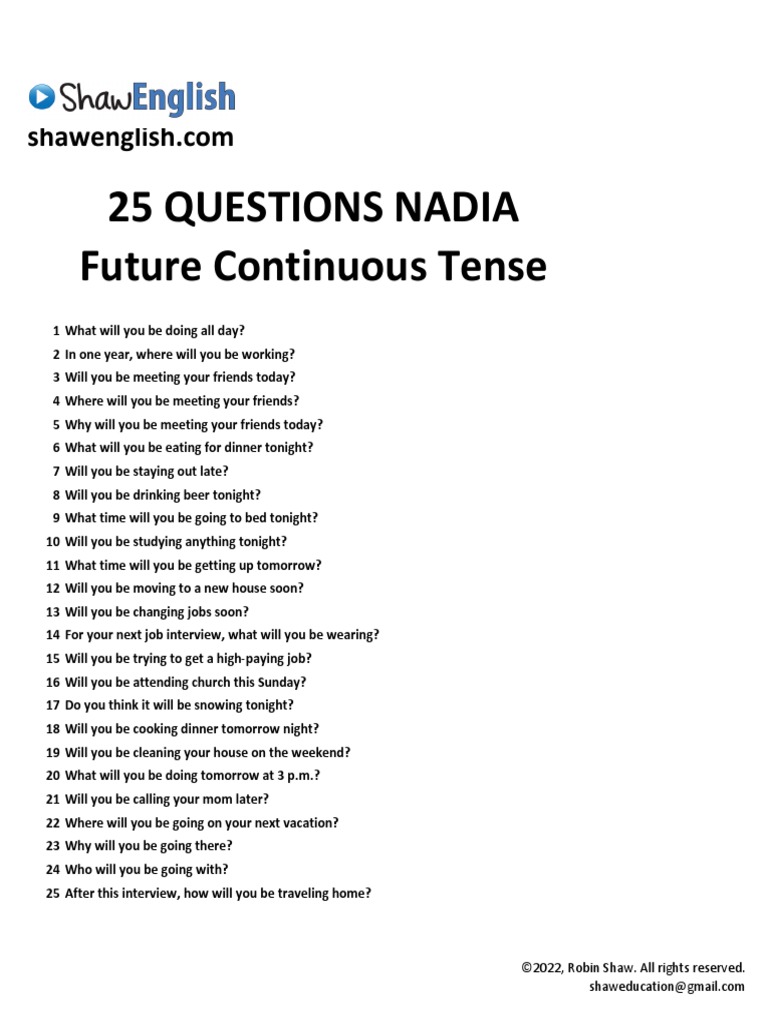 25 Questions Future Continuous Tense NADIA | PDF