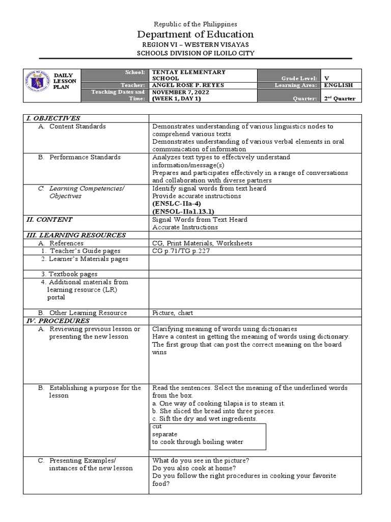 Lesson Plan ENGLISH 5 (WEEK 1, DAY 1) | PDF