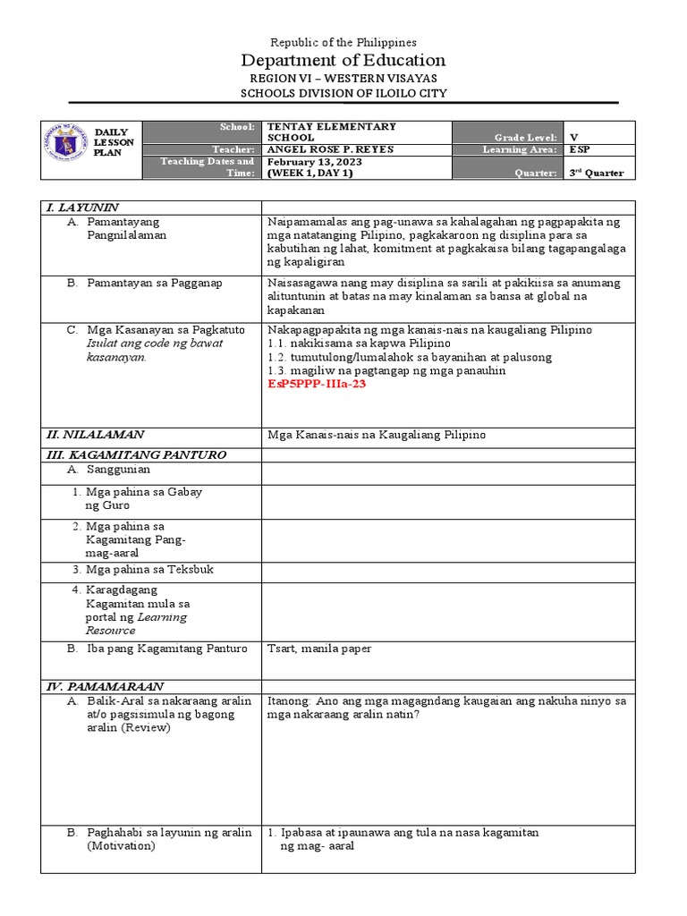 Lesson Plan ESP 5 (WEEK 1, DAY 1) | PDF