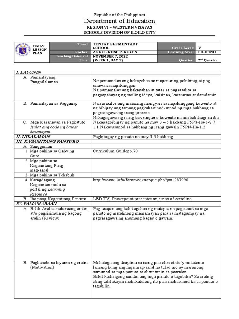 Lesson Plan FILIPINO 5 (WEEK 1, DAY 1) | PDF