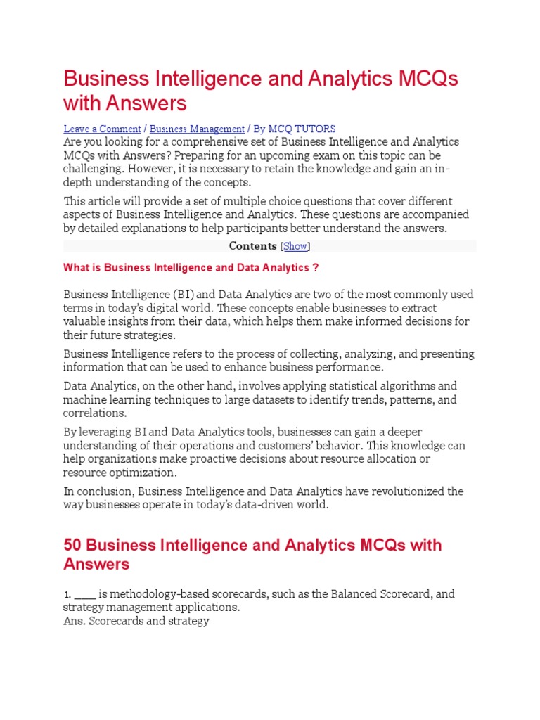 Business Intelligence And Analytics Mcqs With Answers Pdf 