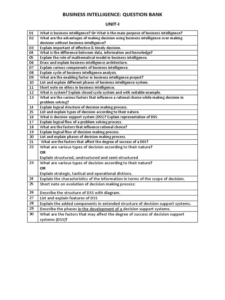 BI Question Bank - All Units PDF | PDF | Business Intelligence ...