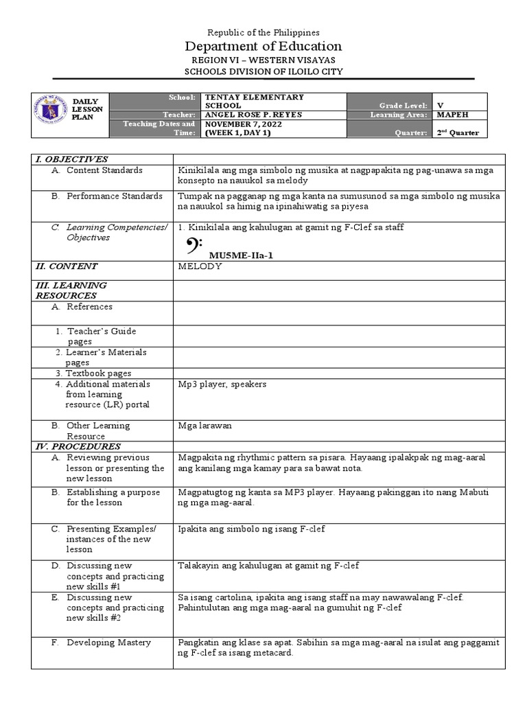 Lesson Plan MAPEH 5 (WEEK 1, DAY 1) | PDF | Learning | Communication