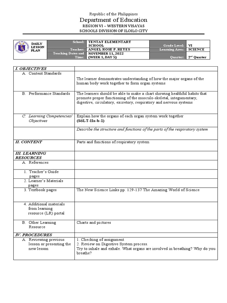 Lesson Plan SCIENCE 6 (WEEK 1, DAY 5) | PDF | Breathing | Lung