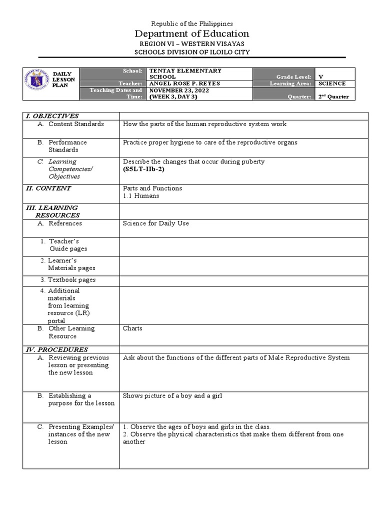 Lesson Plan SCIENCE 5 (WEEK 3, DAY 3) | PDF | Puberty | Learning