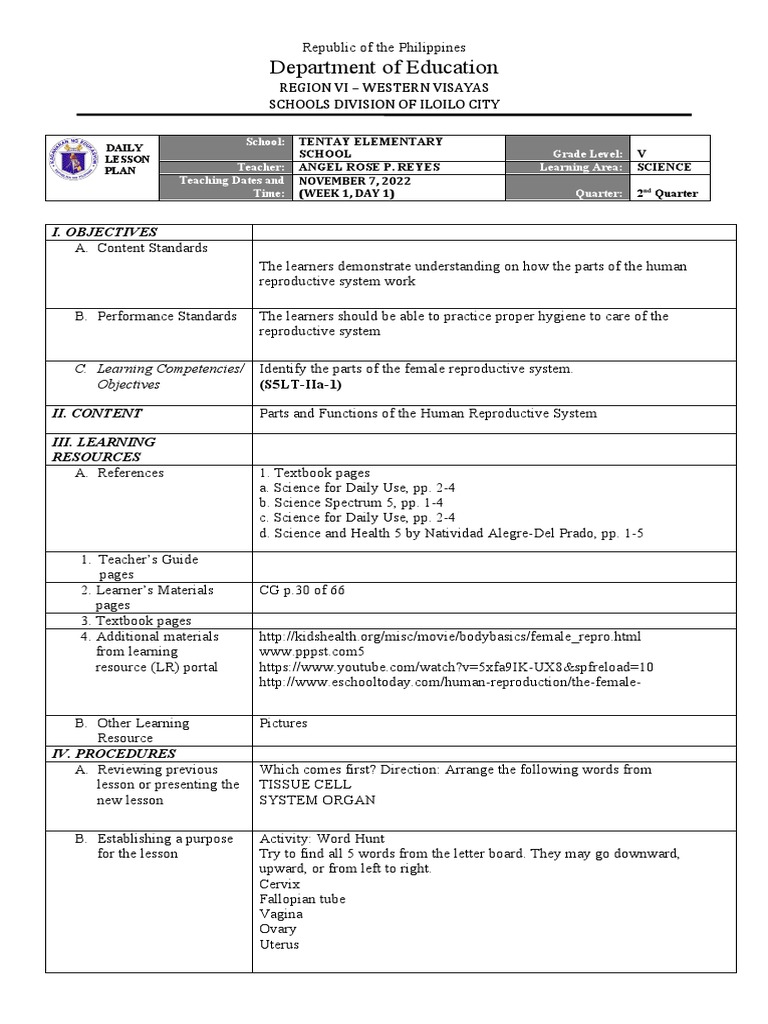 Grade 5 Female Reproductive System Plan | PDF | Reproductive System ...