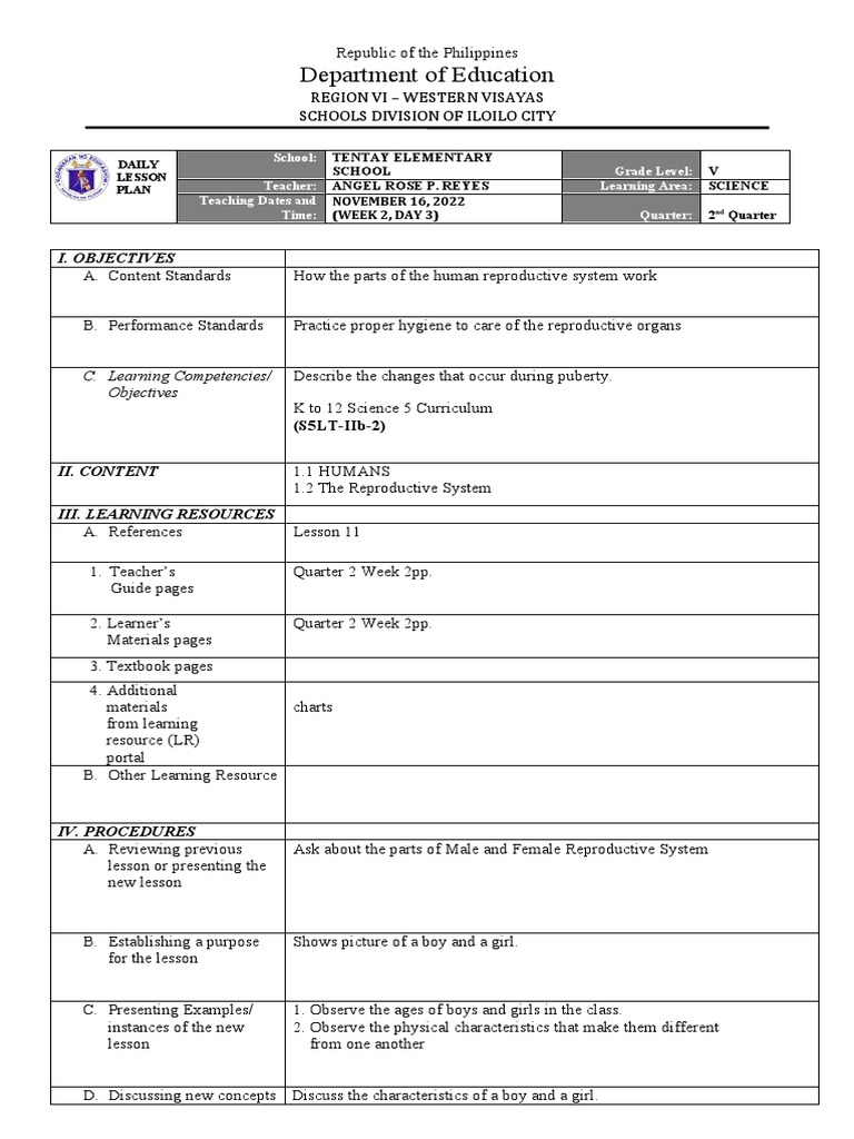 Lesson Plan SCIENCE 5 (WEEK 2, DAY 3) | PDF | Learning | Teachers