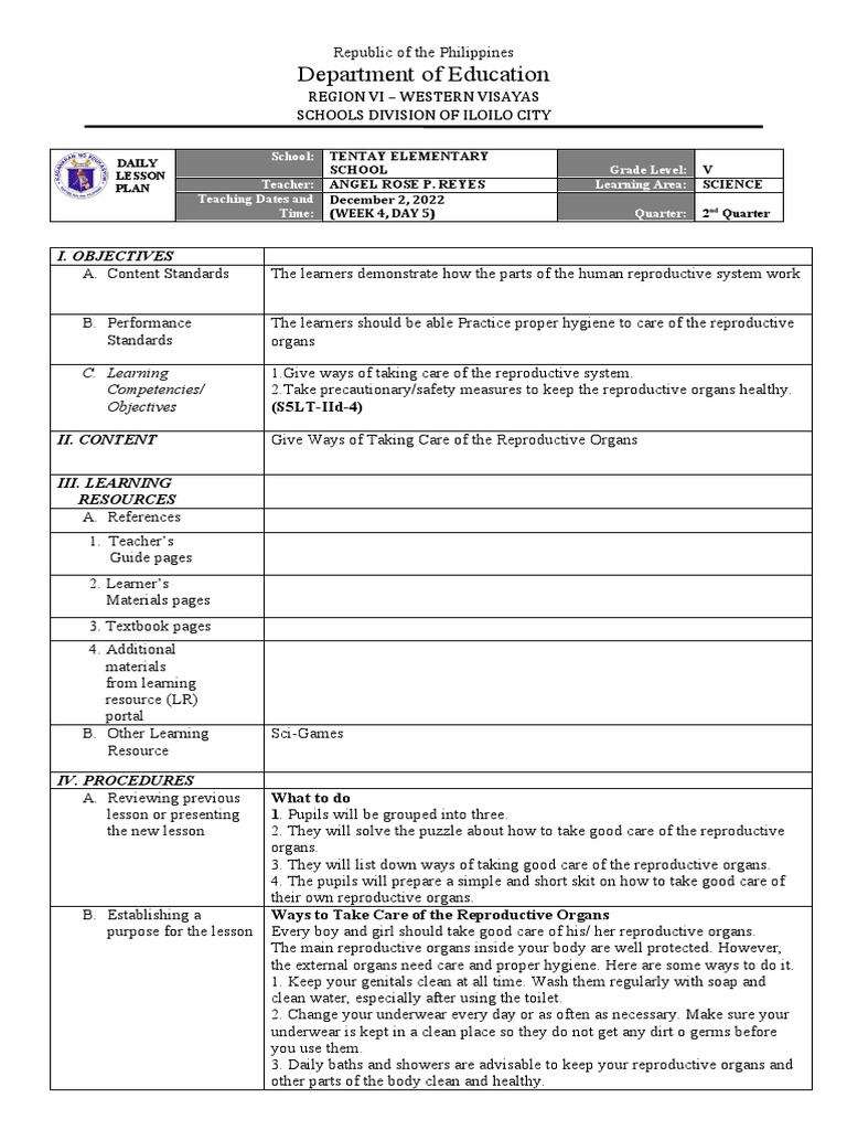 Lesson Plan SCIENCE 5 (WEEK 4, DAY 5) | PDF | Hygiene | Cognition