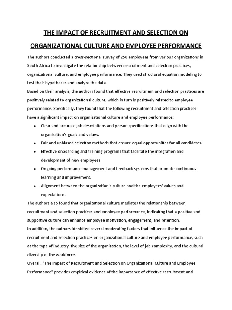 The Impact of Recruitment and Selection On Organizational Culture and Employee Performance | PDF ...