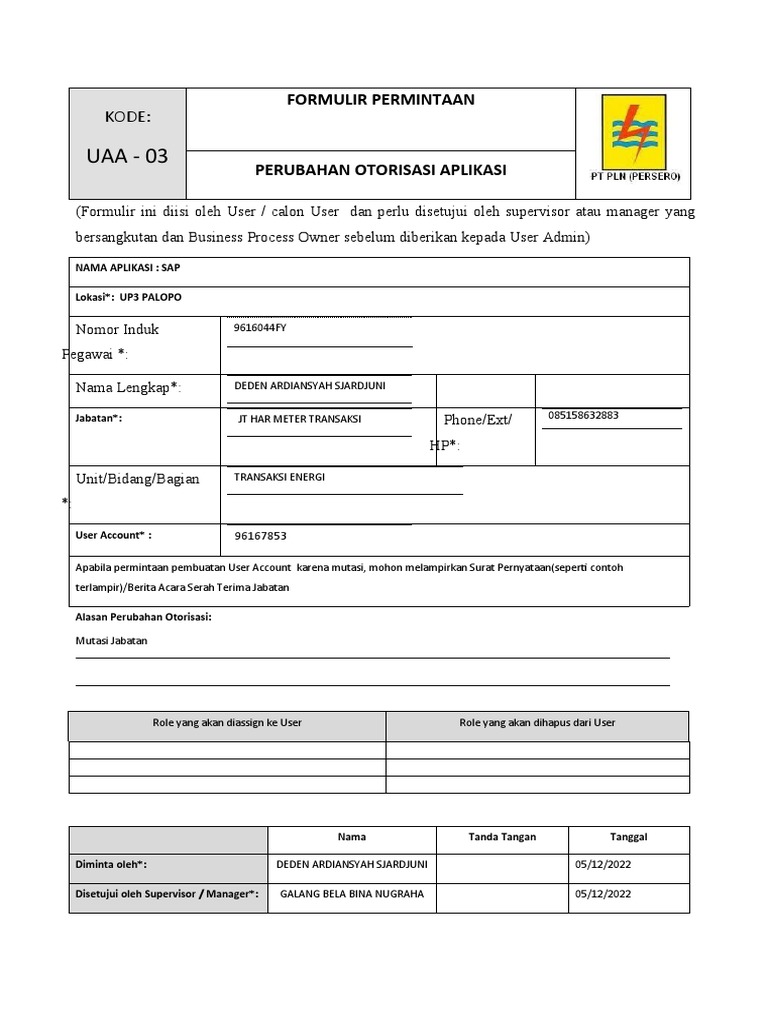 UAA-03 Formulir Permintaan Perubahan Otorisasi Aplikasi UP3 PALOPO | PDF