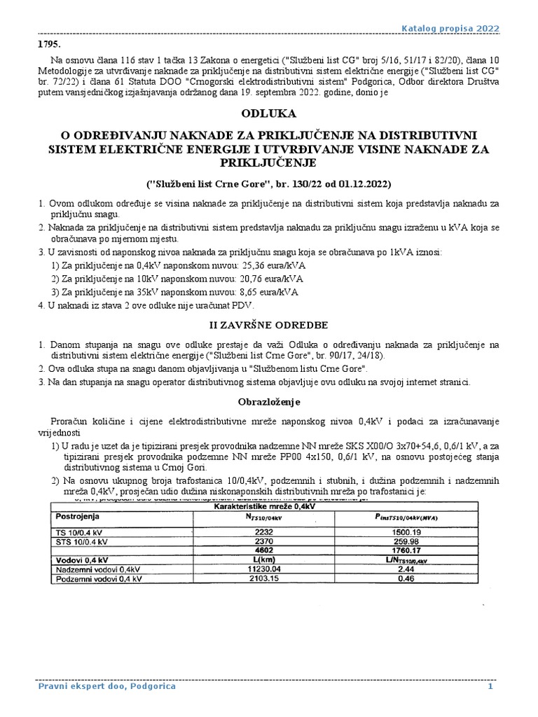 Odluka o Odredjivanju Naknade Za Prikljucenje Na Distributivni Sistem Elektricne Energije I ...