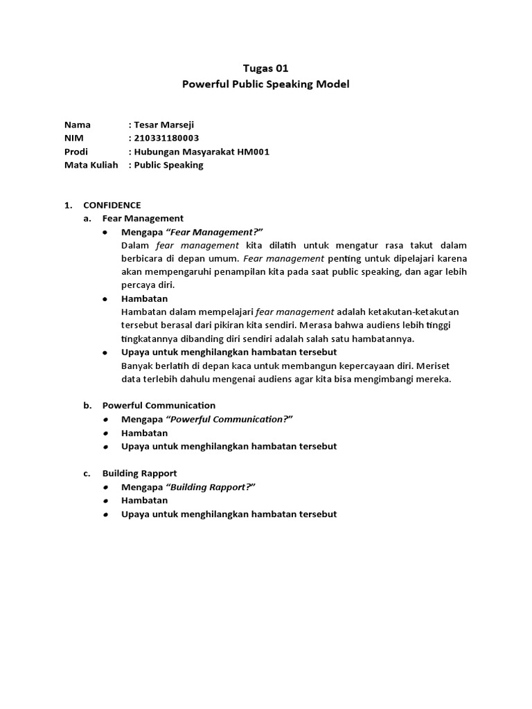 Tugas 1: Model Public Speaking Efektif | PDF | Karier & Perkembangan