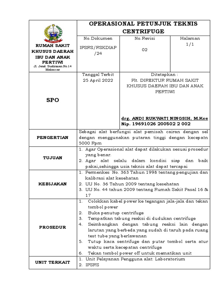 Sop Pengoperasian Alat Laboratorium Centrifuge | PDF