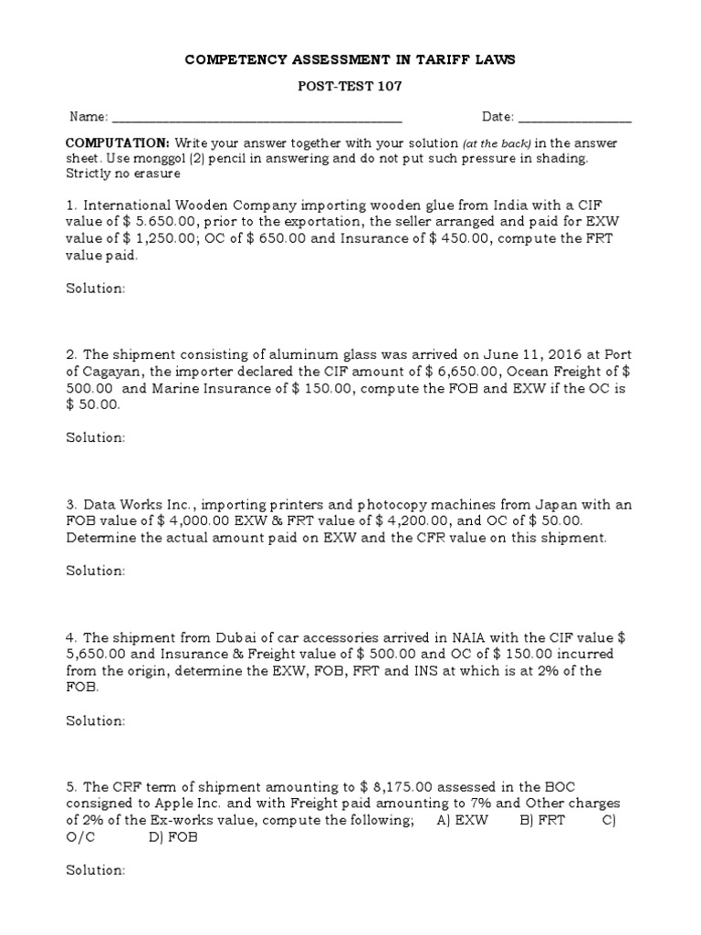Tariff Competency Exam - Post-Test 7 | PDF | Trade | Business Law