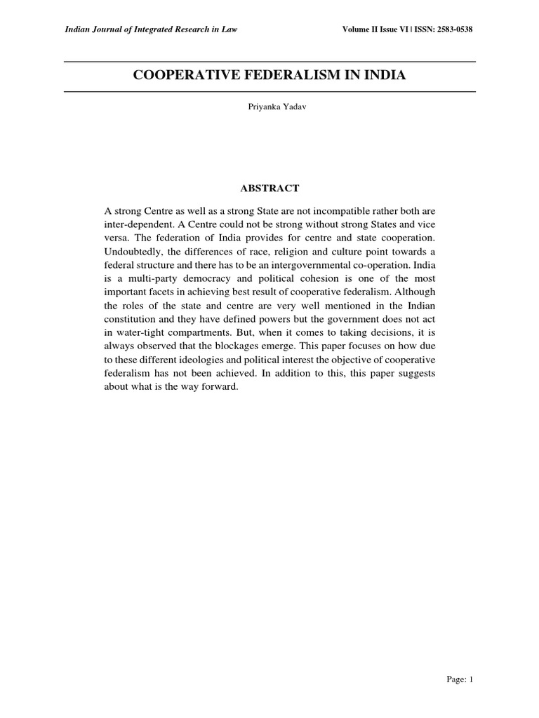 COOPERATIVE-FEDERALISM-IN-INDIA. PublicationILJAR | PDF | Taxes | Federalism