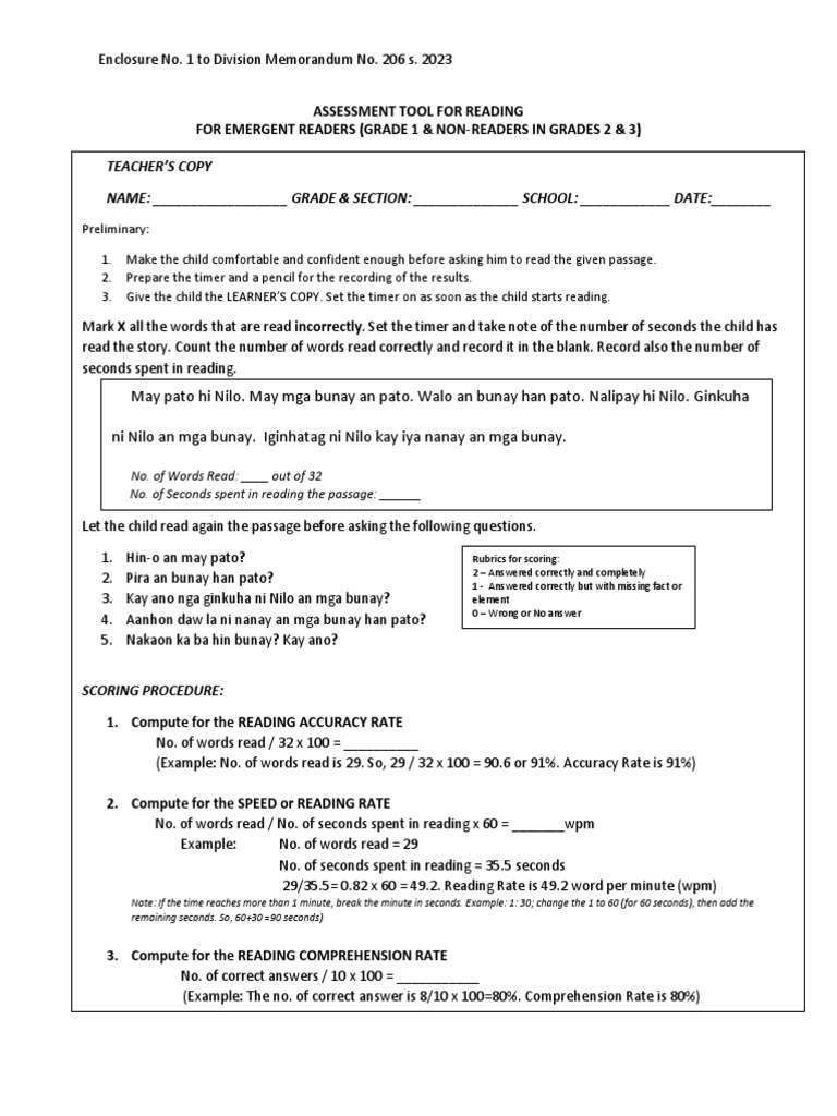 Emergent Pre Post Reading Assessment Tool | PDF | Linguistics ...