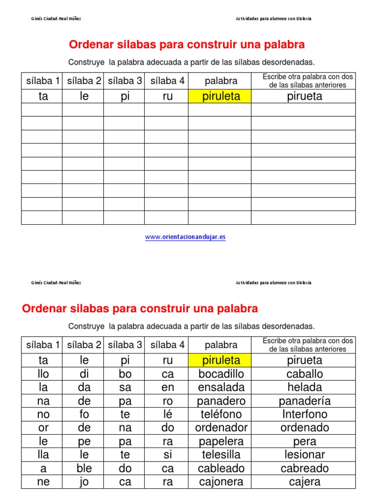 Construye Palabras 4 Sílabas Desordenadas Plantillas y Soluciones | PDF