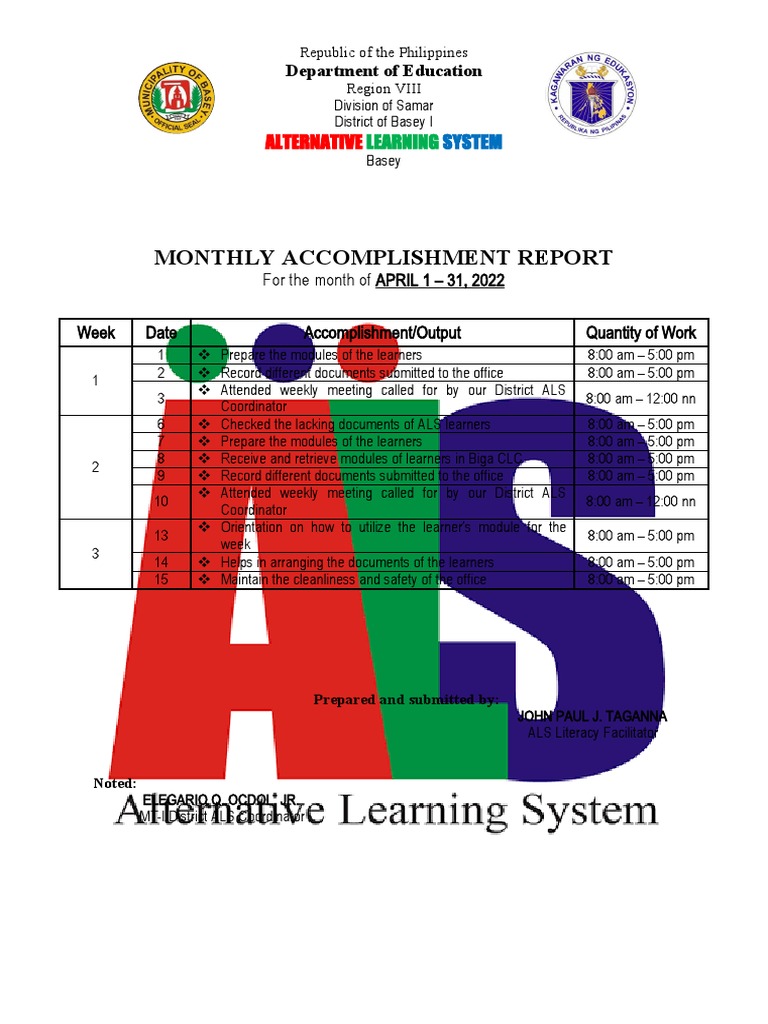 ALS Monthly Accomplishment Report | PDF | Cognitive Psychology | Pedagogy